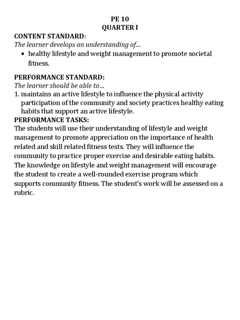 Pe 10 Performance Task New | PDF | Physical Fitness | Weight Management