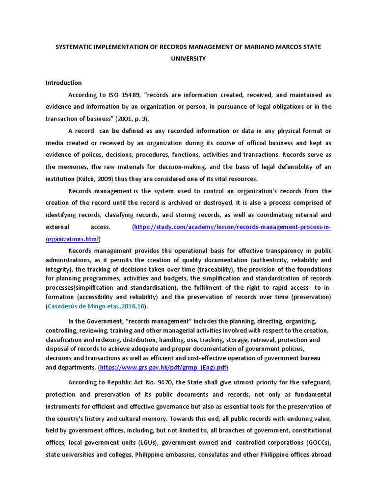 Systematic Implementation of Records Management of Mariano Marcos State University | PDF ...