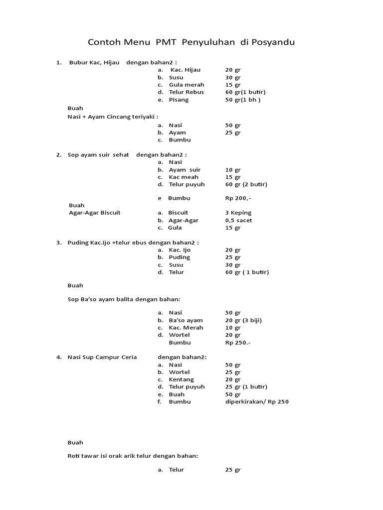 Contoh Menu PMT Penyuluhan Di Posyandu | PDF