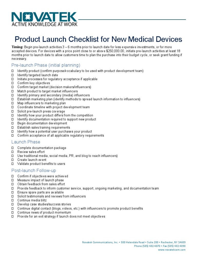 Product Launch Checklist for New Medical Devices: Pre-launch Phase ...