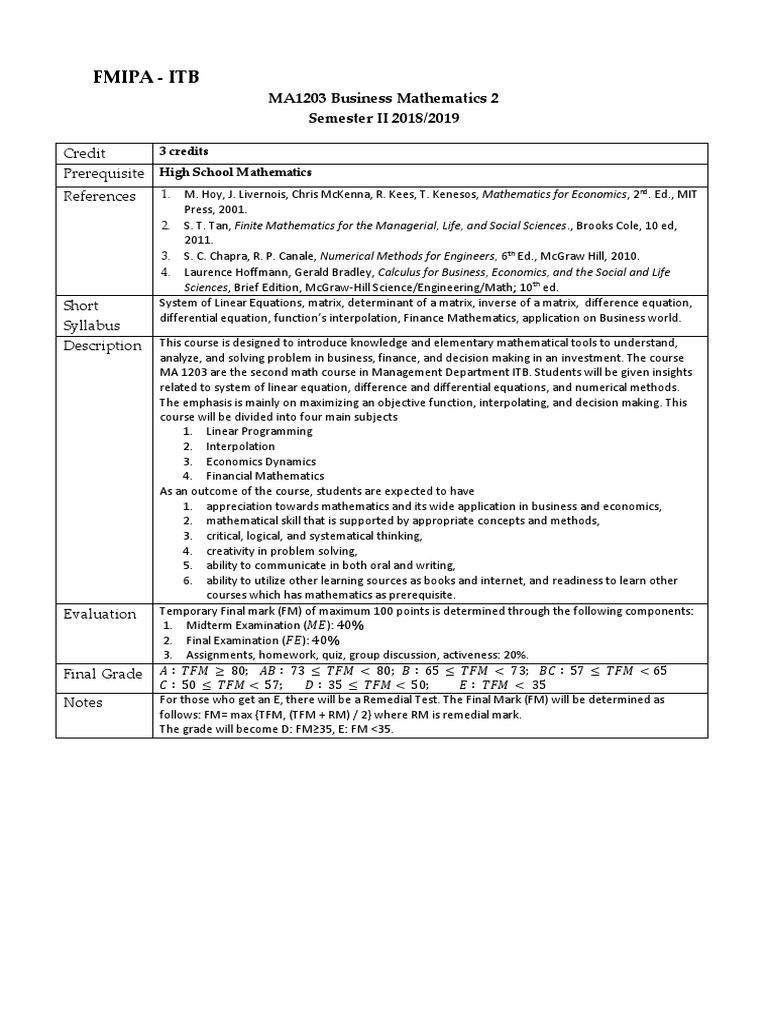 MA1203 Matematika Bisnis II Silabus 2018-2019 | PDF | Matrix ...