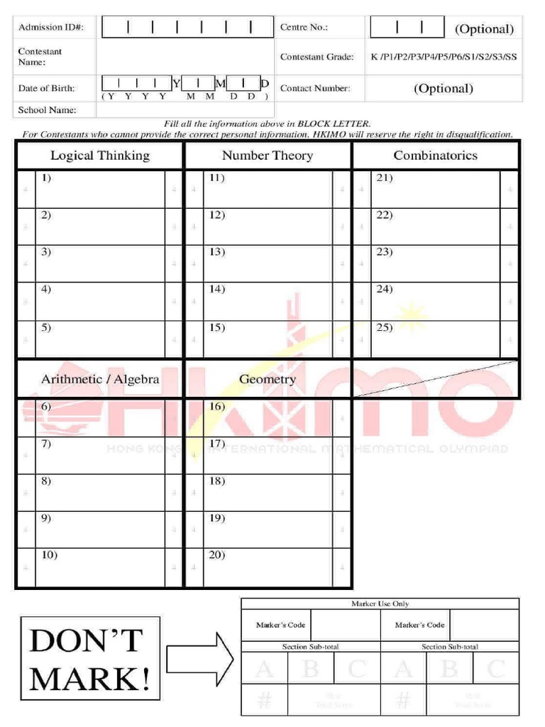 HKIMO Answer Sheet | PDF | World Wide Web | Internet & Web