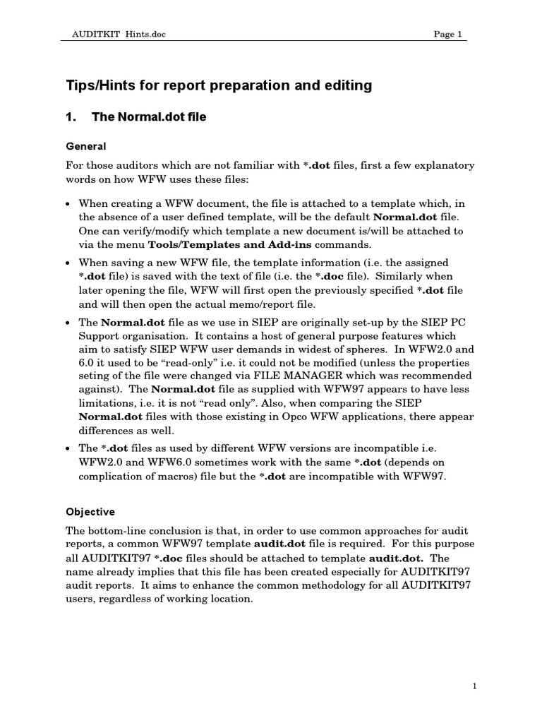 Tips/Hints For Report Preparation and Editing: 1. The Normal - Dot File ...