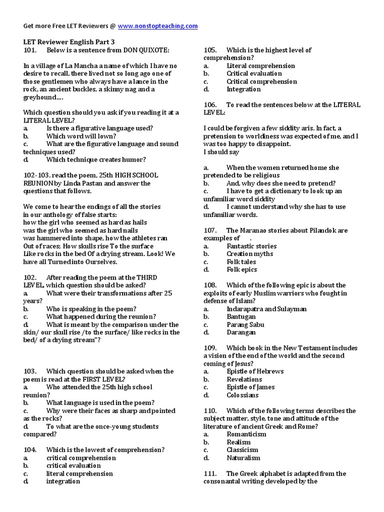 LET Reviewer English Part 3: Comprehension Questions on Literature ...