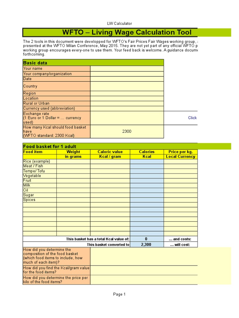 WFTO Living Wage Calculation Tool | PDF | Exchange Rate | Calorie