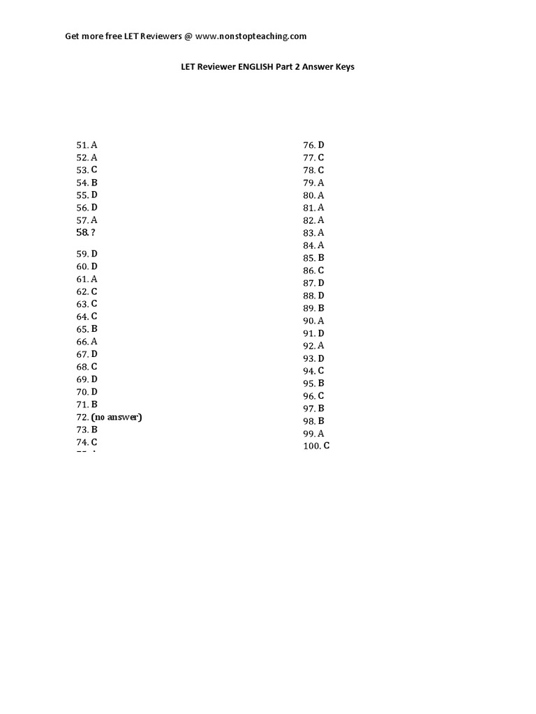 LET Reviewer English Part 2 Answer Keys | PDF