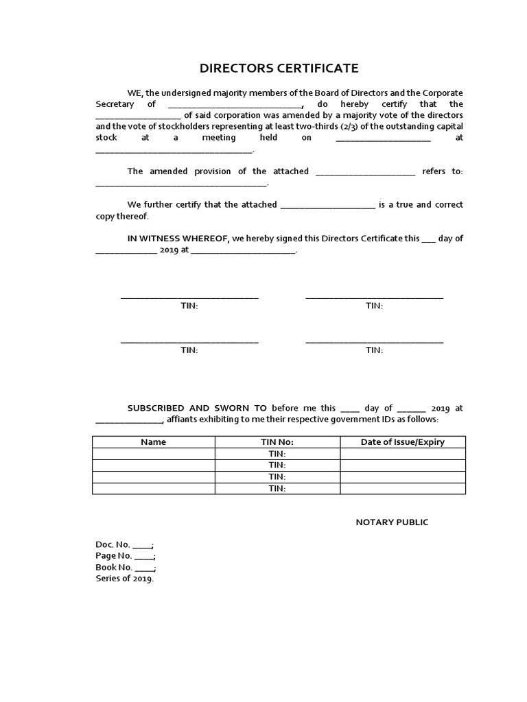 Directors Certificate Template | PDF | Finance & Money Management