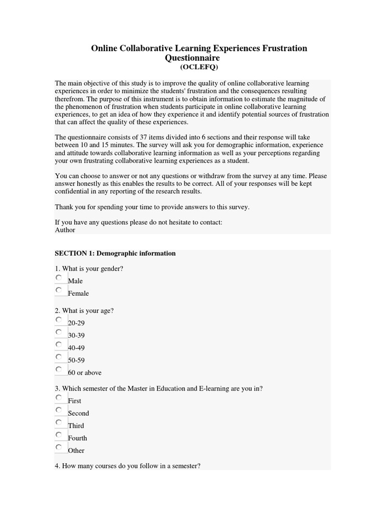 Online Collaborative Learning Experiences Frustration Questionnaire ...