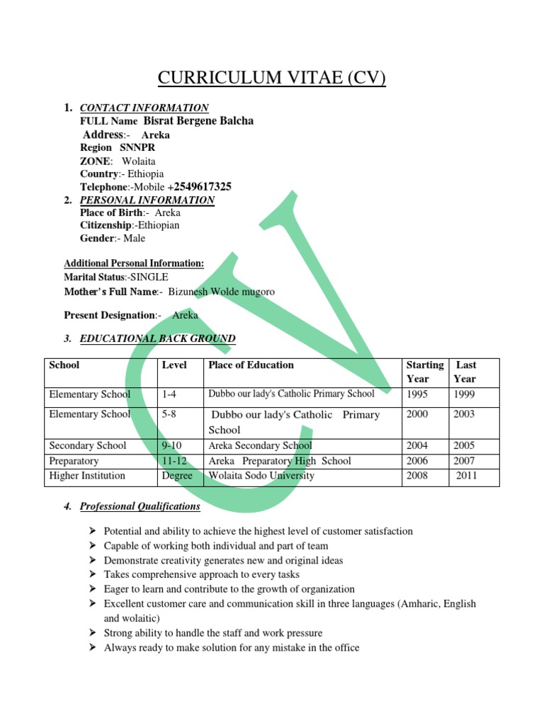 Curriculum Vitae (CV) : 1. Bisrat Bergene Balcha Address | PDF | Learning | Behavior Modification