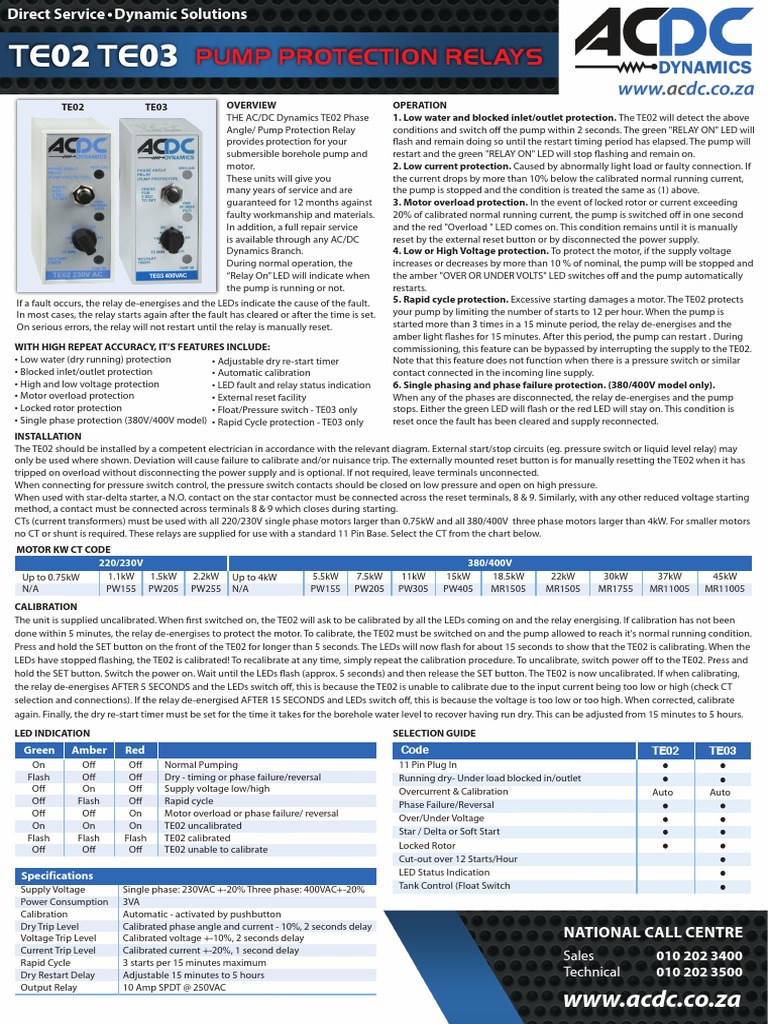 TE02 Pump Protection Relay Guide | PDF | Relay | Switch