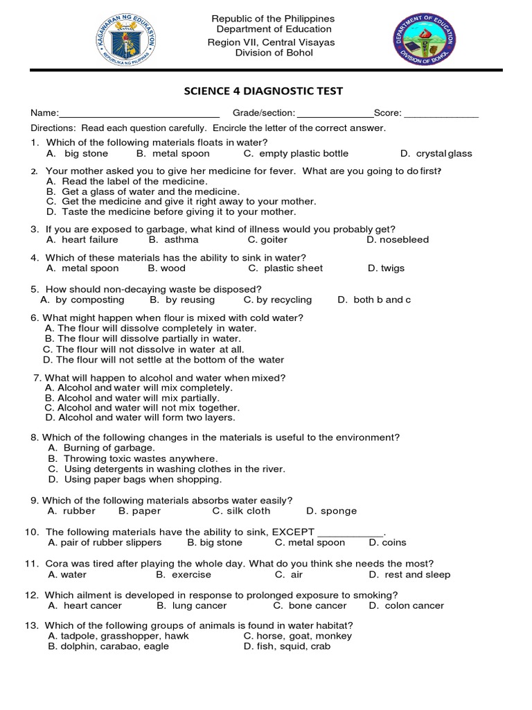 Science 4 Diagnostic Test | PDF | Habitat | Force