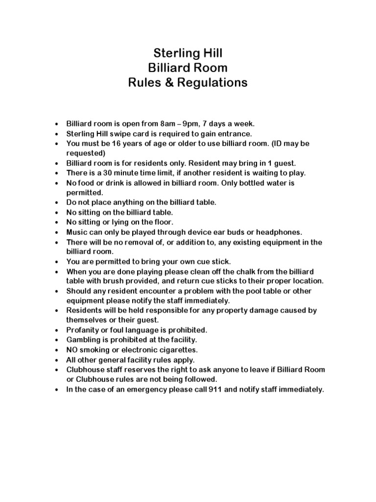 Sterling Hill Billiard Room Rules & Regulations: Requested) | PDF