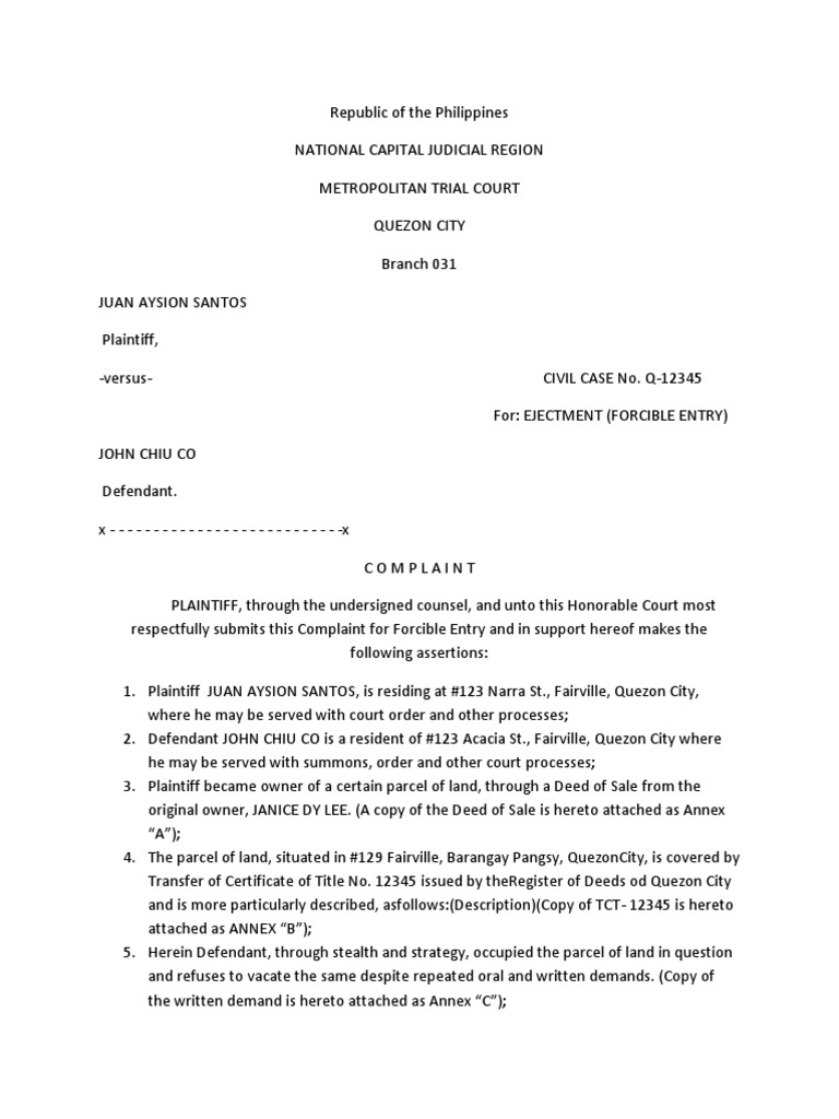 Forcible Entry Complaint | PDF | Lawsuit | Government