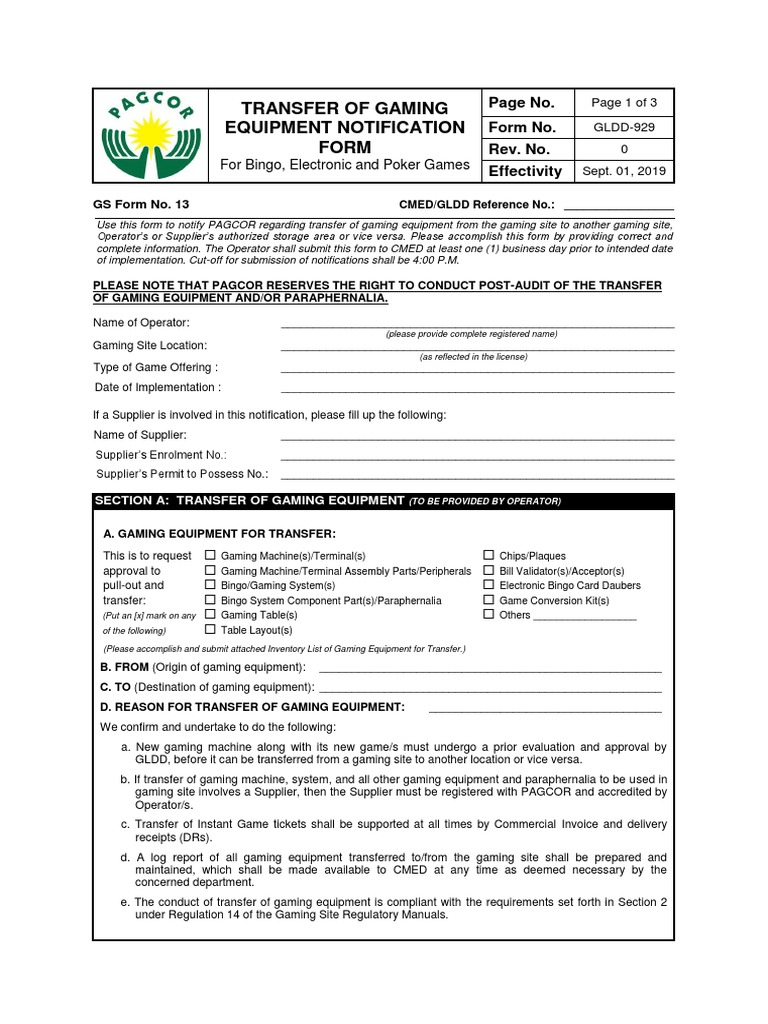 GS Form No. 13 - Transfer of Gaming Equipment Notification Form | PDF ...