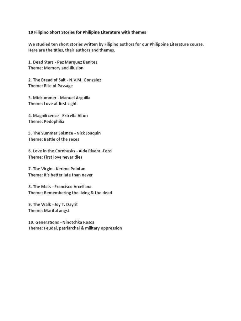 10 Filipino Short Stories For Philipine Literature With Themes | PDF ...