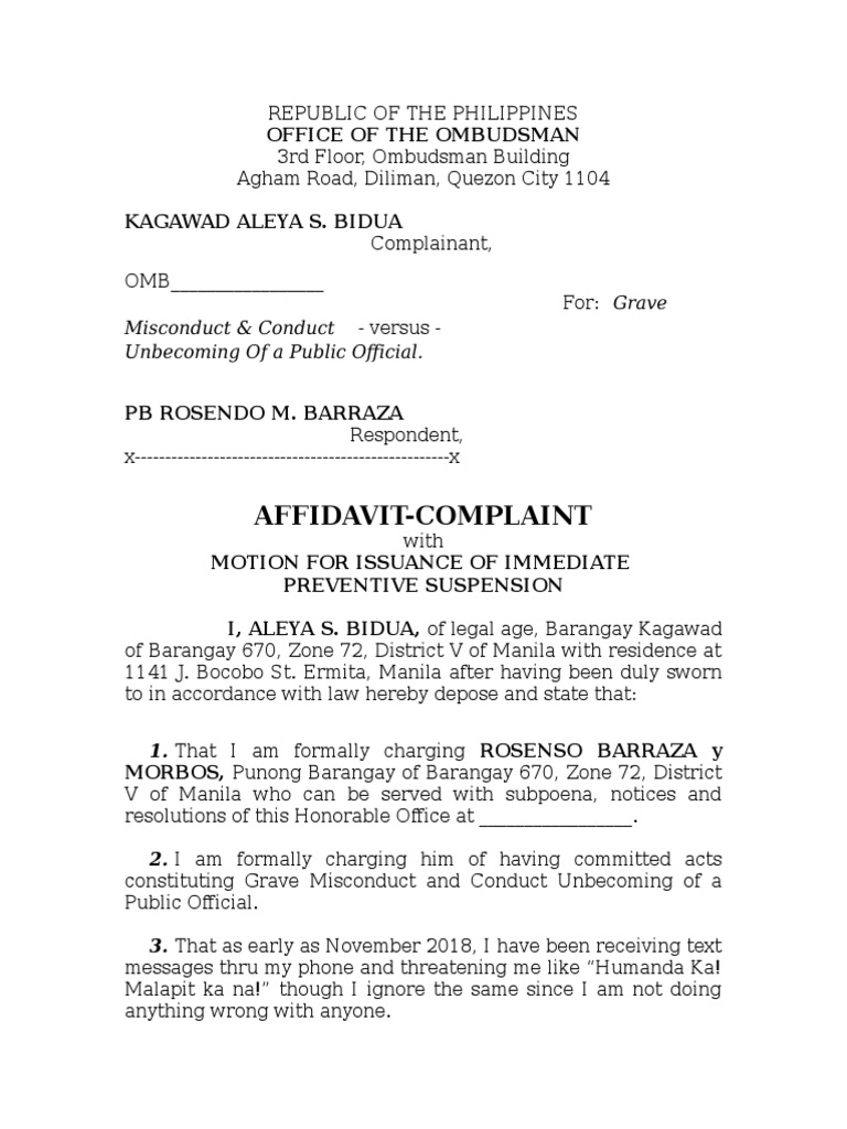 Affidavit-Complaint (Bidua) Ombudsman | PDF | Affidavit | Virtue