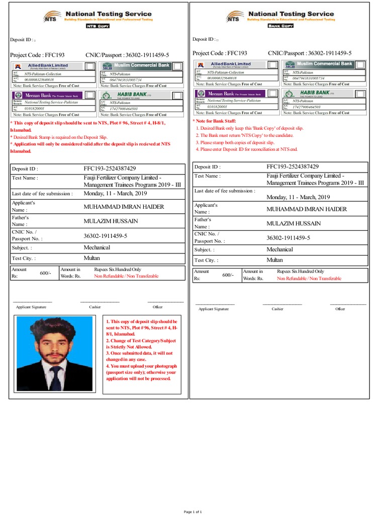 Deposit ID: Deposit ID:: Applicant Signature Cashier Officer Applicant ...