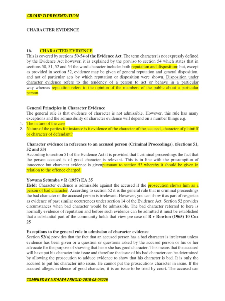 Character Evidence Notes | PDF | Witness | Defamation