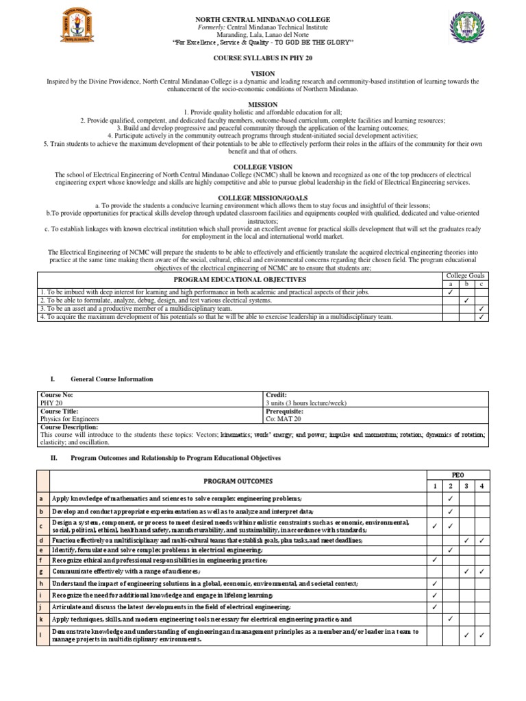Course Syllabus for PHY 20 at NCMC | PDF | Interdisciplinarity ...