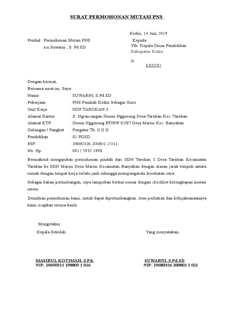 Surat Permohonan Mutasi Pns | PDF