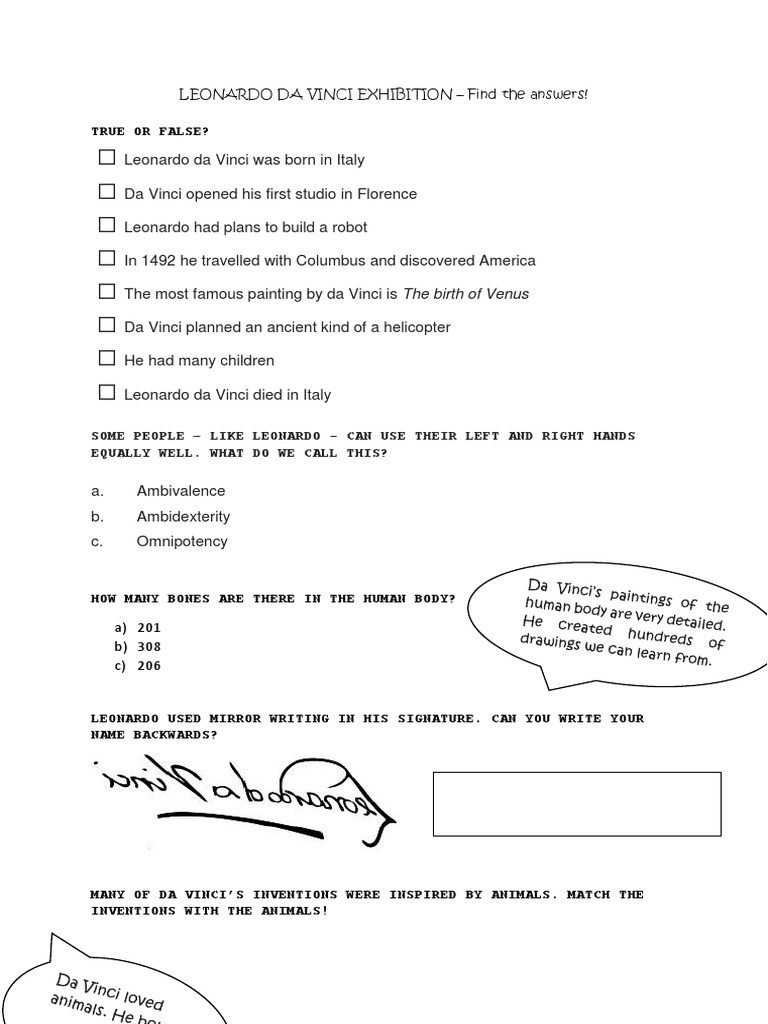 Leonardo da Vinci Worksheet Quiz | PDF
