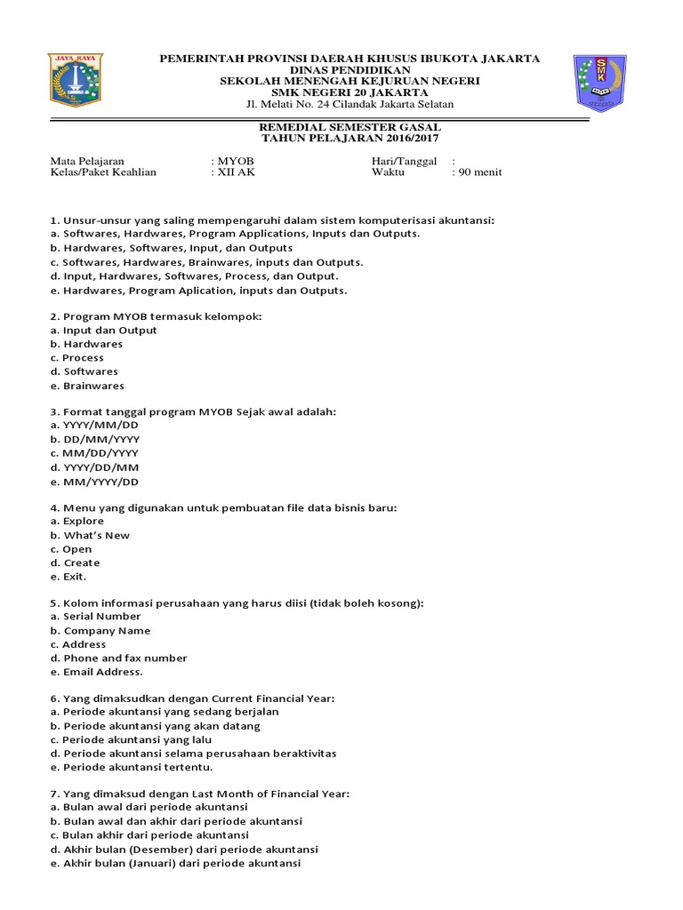 Soal Remedial TKM Myob Kelas Xii Des 2016 PDF | PDF