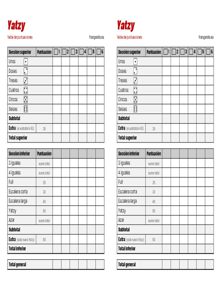 Tabla de Puntuaciones Yatzy | PDF | Ocio | Deportes