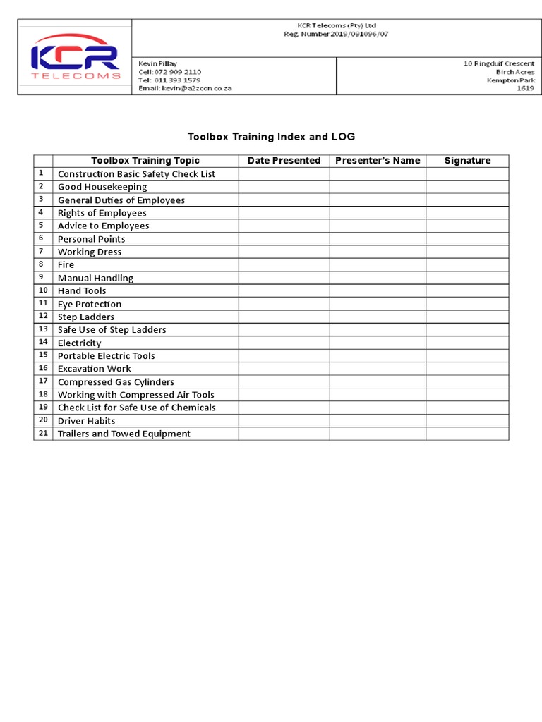 14.3. Toolbox Talk Register | PDF | Trailer (Vehicle) | Occupational ...