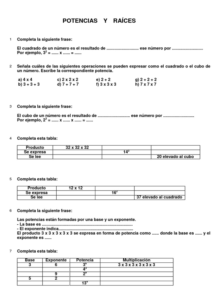 POTENCIAS - Y - RAICES 6 Primaria PDF | Exponenciación | Multiplicación
