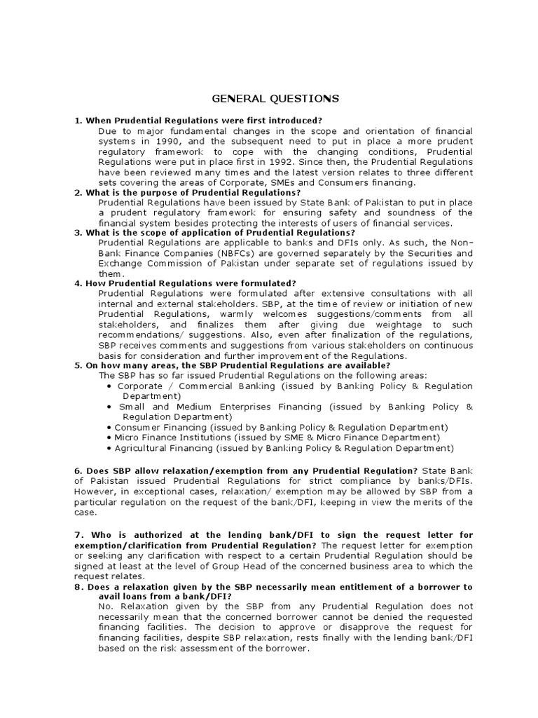 GENERAL QUESTIONS Prudential Regulations | PDF | Banks | Board Of Directors
