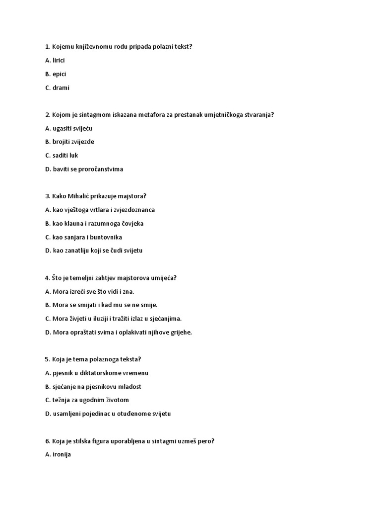 Slavko Mihalić Kviz Provjera Znanja | PDF