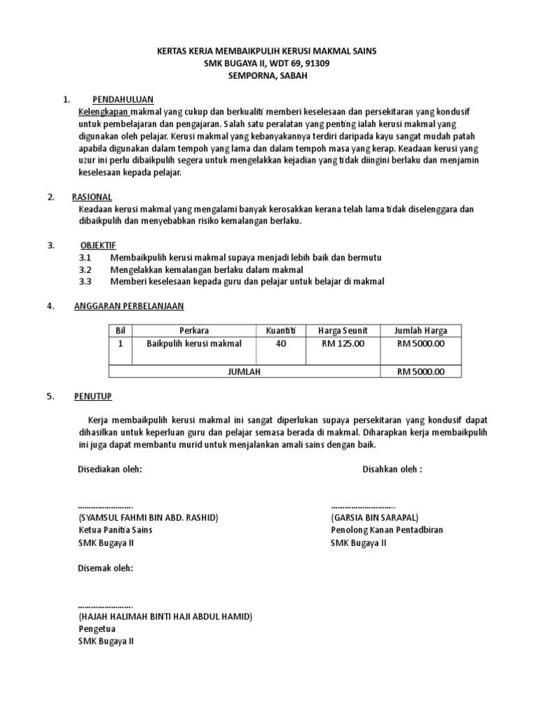Kertas Kerja Baikpulih Kerusi Makmal | PDF