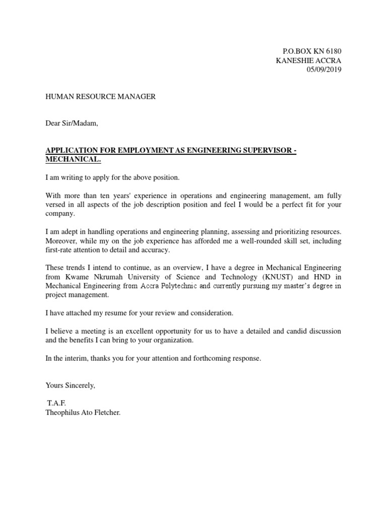 Application For Employment As Engineering Supervisor - Mechanical | PDF