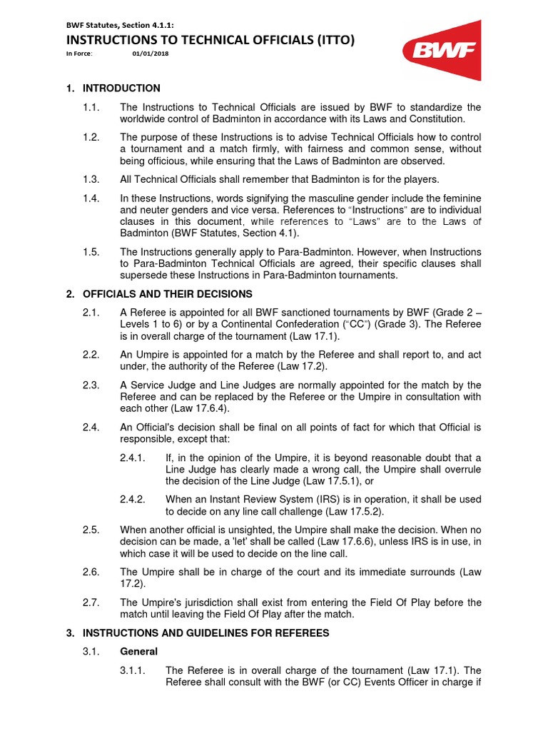 Instructions To Technical Officials (ITTO) | PDF | Referee | Sports