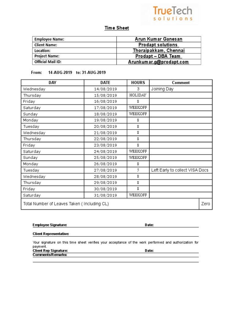 Time Sheet - Template - August | PDF