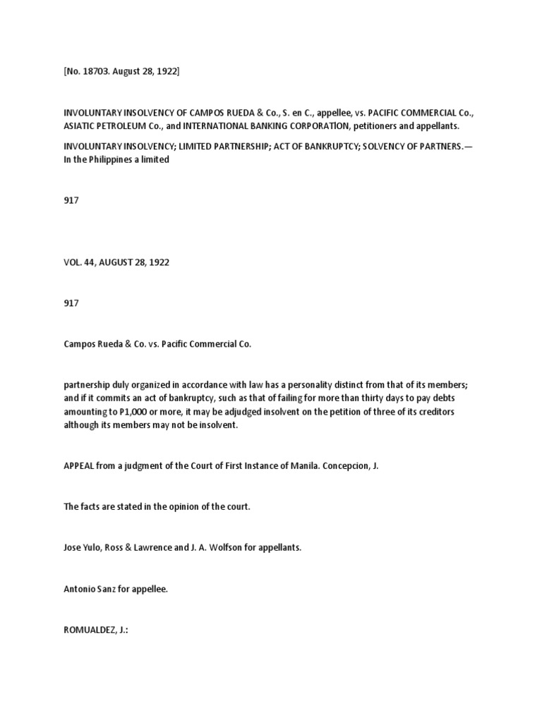 Campos Rueda & Co. vs. Pacific Commercial Co., 44 Phil. 916 | PDF ...