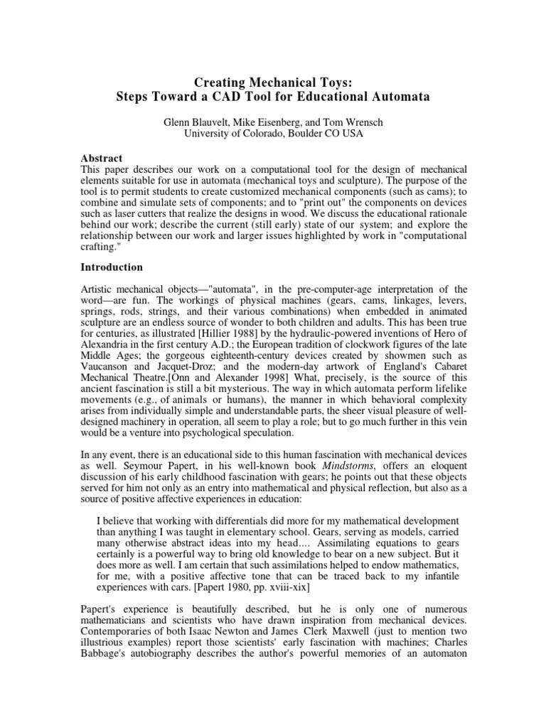 Creating Mechanical Toys: Steps Toward A CAD Tool For Educational ...