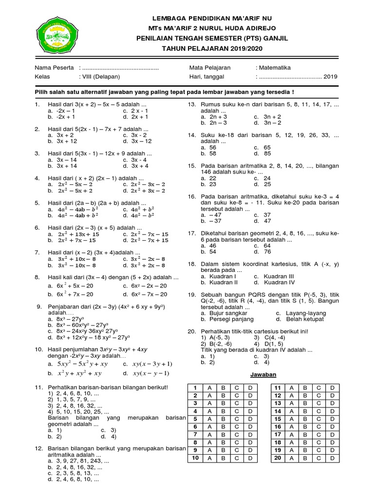 Soal Pts MTK Kelas 8 | PDF