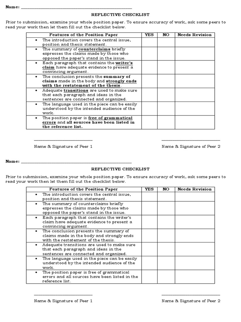 Position Paper Reflection Checklist | PDF | Thesis | Semiotics