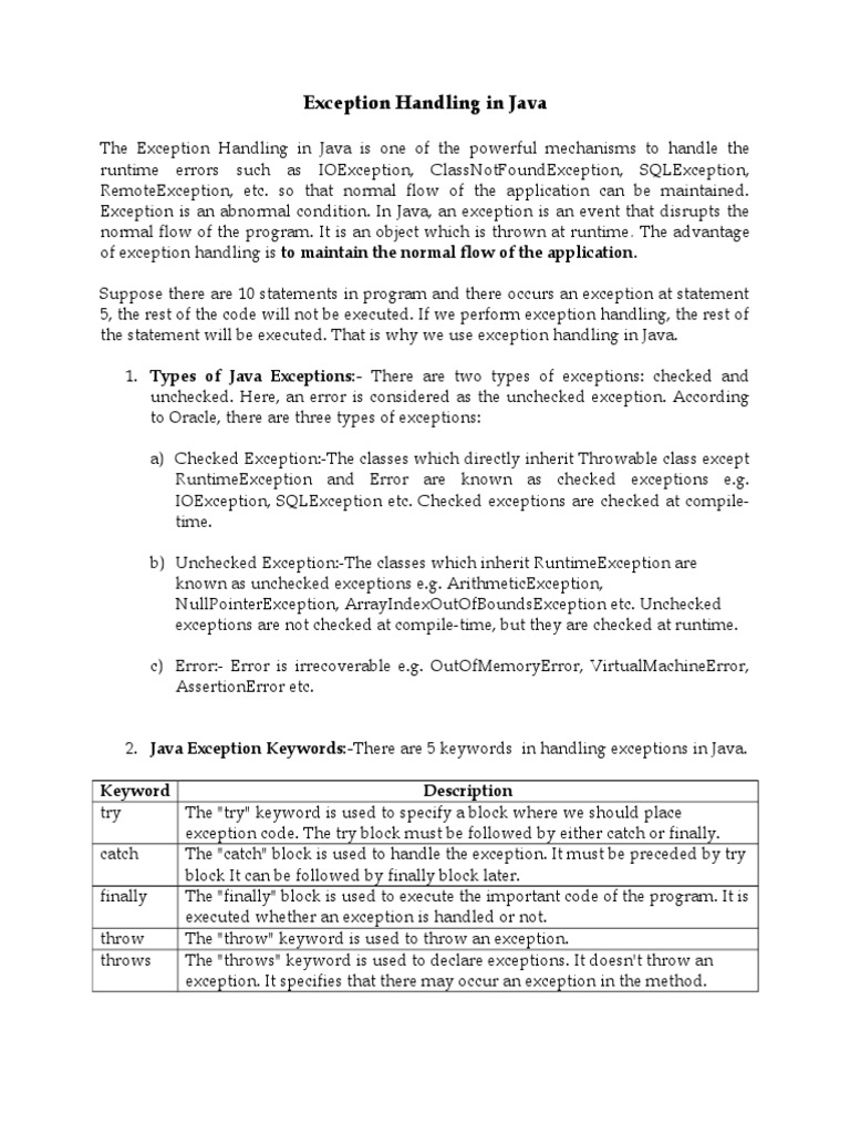 Exception Handling In Java Pdf Java Programming Language