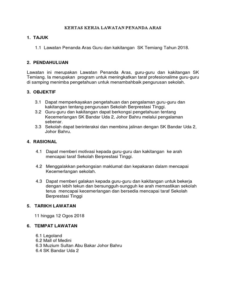 Kertas Kerja Lawatan Penanda Aras PJ | PDF