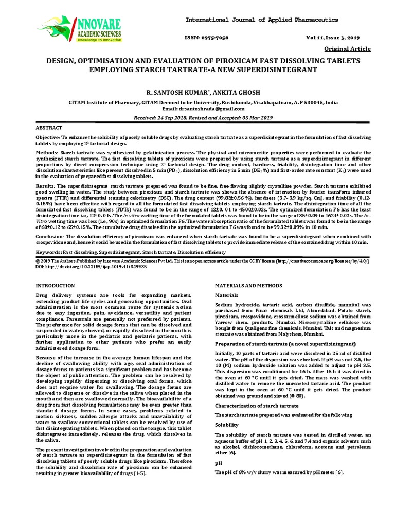 Design, Optimisation and Evaluation of Piroxicam Fast Dissolving ...