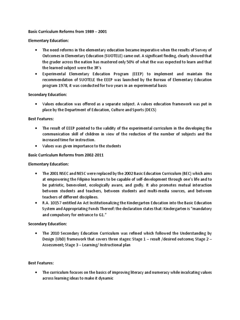 Basic Curriculum Reforms From 1989 - 2001 Elementary Education | PDF ...