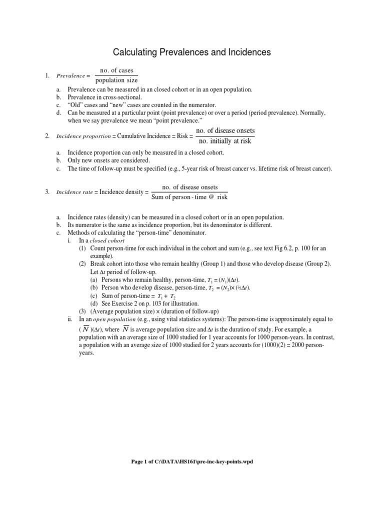 Calculating Prevalences and Incidences: No. of Cases Population Size ...