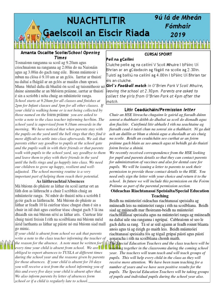 Nuachtlitir Gaelscoil An Eiscir Riada: 9ú Lá de Mheán Fómhair 2019 ...