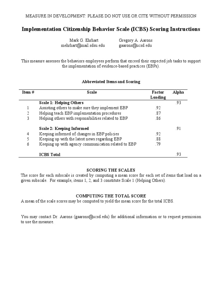 Implementation Citizenship Behavior Scale (ICBS) Scoring Instructions | PDF
