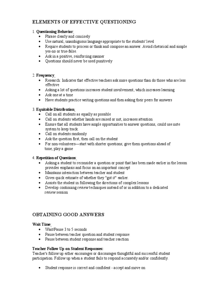 Elements of Effective Questioning: Wait Time | PDF | Question | Teachers