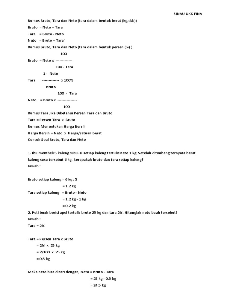Rumus Bruto, Tara, dan Neto | PDF | Memasak, Makanan, & Anggur | Metode ...