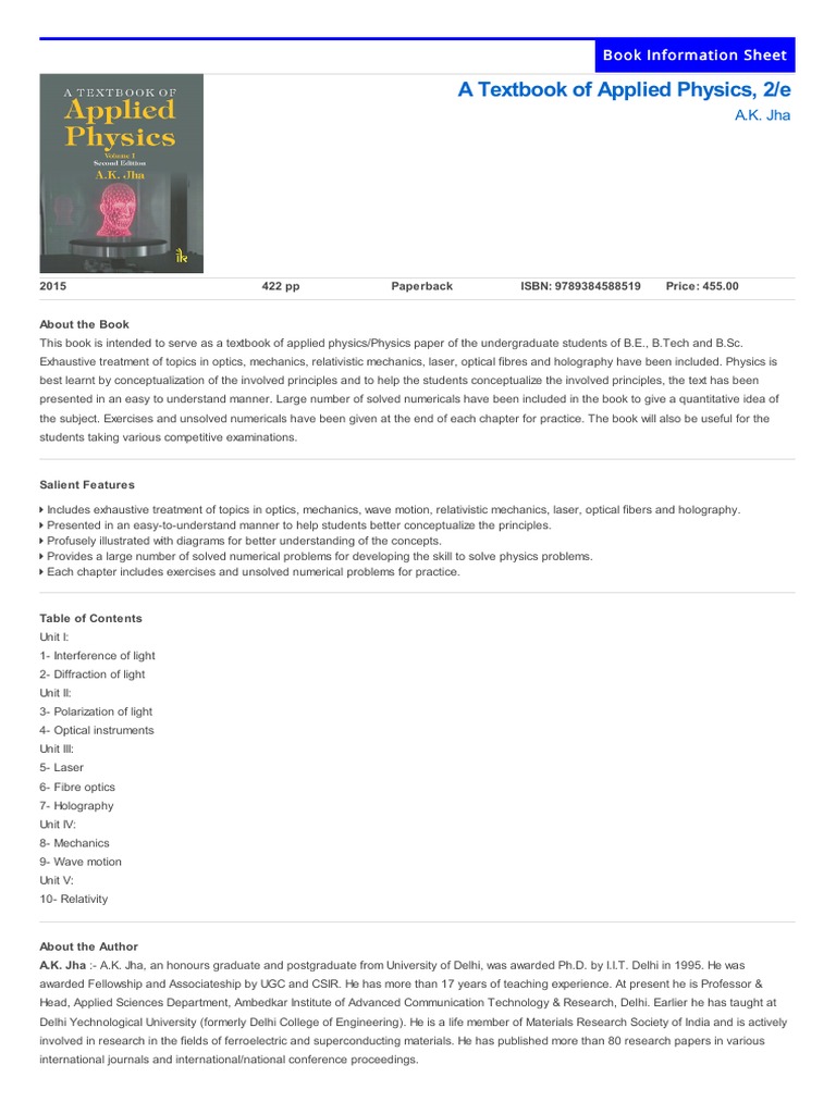 A Textbook of Applied Physics, 2/e: Book Information Sheet Book ...