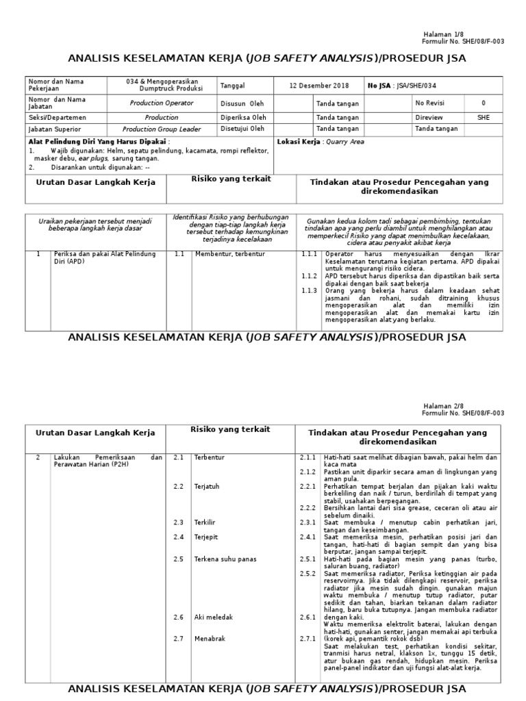 JSA Mengoperasikan Dumptruck Produksi | PDF